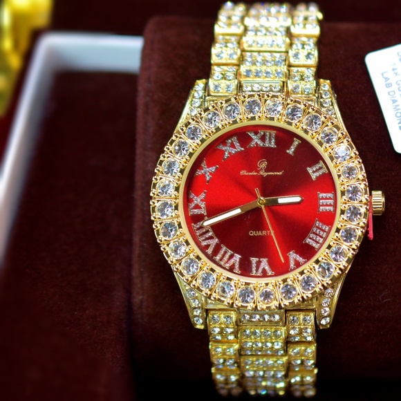 Accessories | Full Iced Out Red Face Dial Mens Luxury Watch | Poshmark